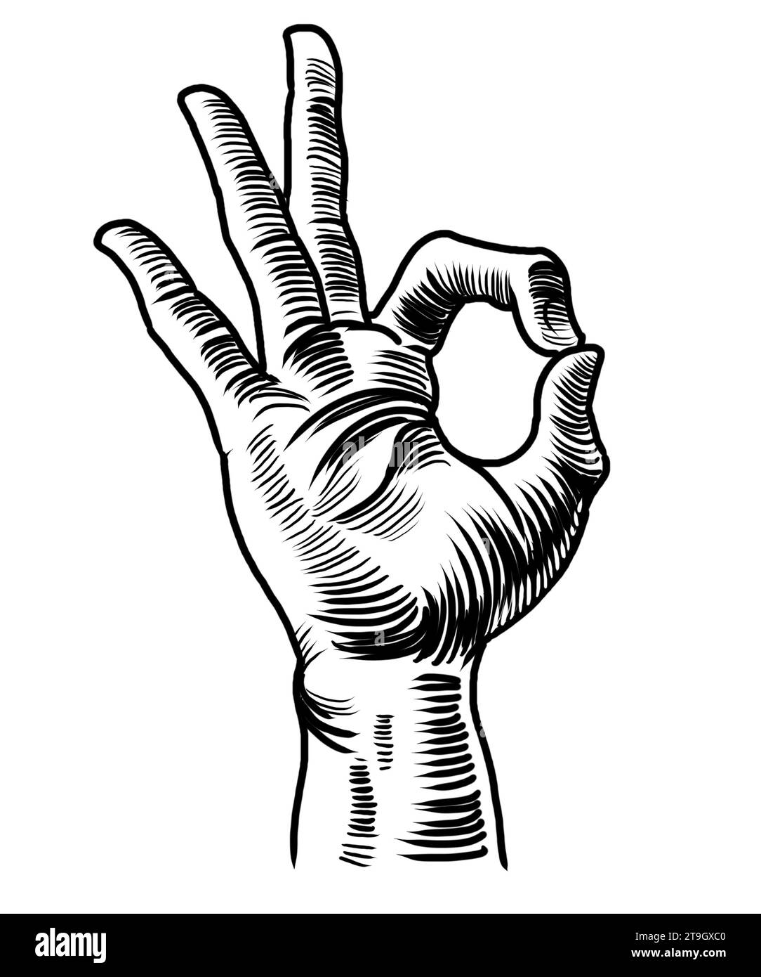 Okay sign. Hand-drawn black and white sketch Stock Photo - Alamy