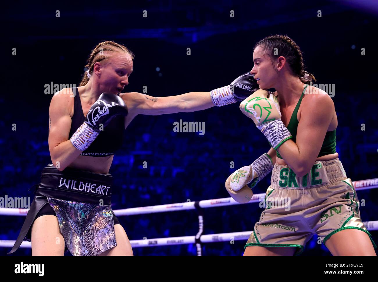 Skye Nicolson (right) in action against Lucy Wildheart during their WBC Interim World ...