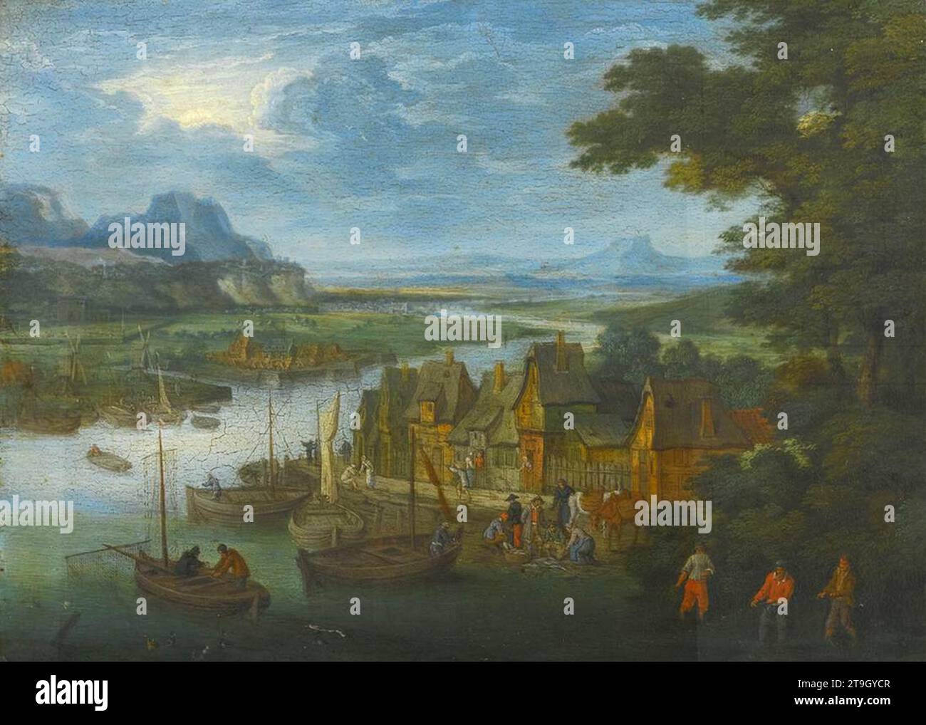 Village by a River with Fishermen - by Pieter Gijsels Stock Photo - Alamy