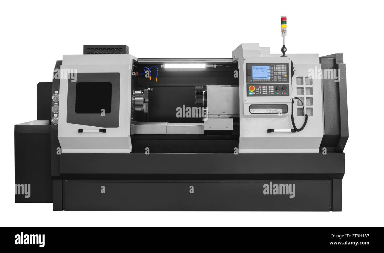 Modern programmable metalworking lathe isolated on white background ...