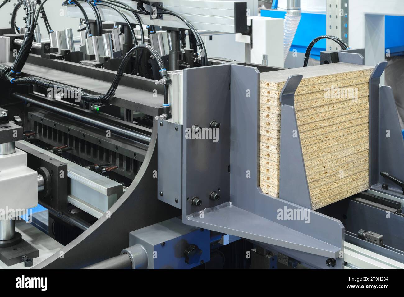 Industrial furniture factory, wood chipboard processing conveyor ...