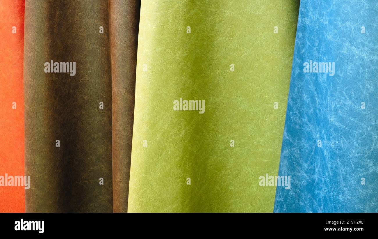 Mix colorful hanging vertical stripe leather on the rack. Texture of ...