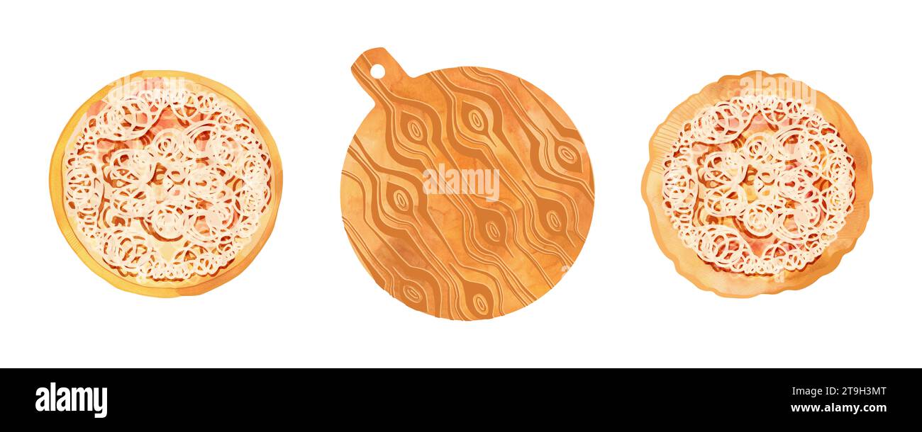 Pizza set. Thin crust pizza base. Thick crust pizza base. Round wooden ...