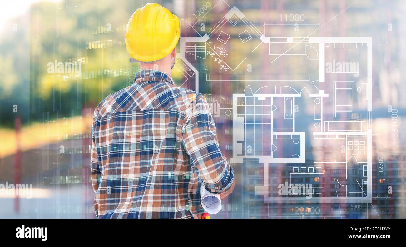 Male architect at construction site and project plan Stock Photo - Alamy