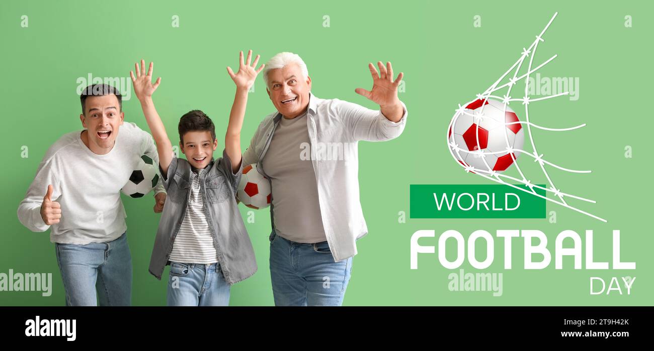 Banner for World Football Day with happy male family members on green ...