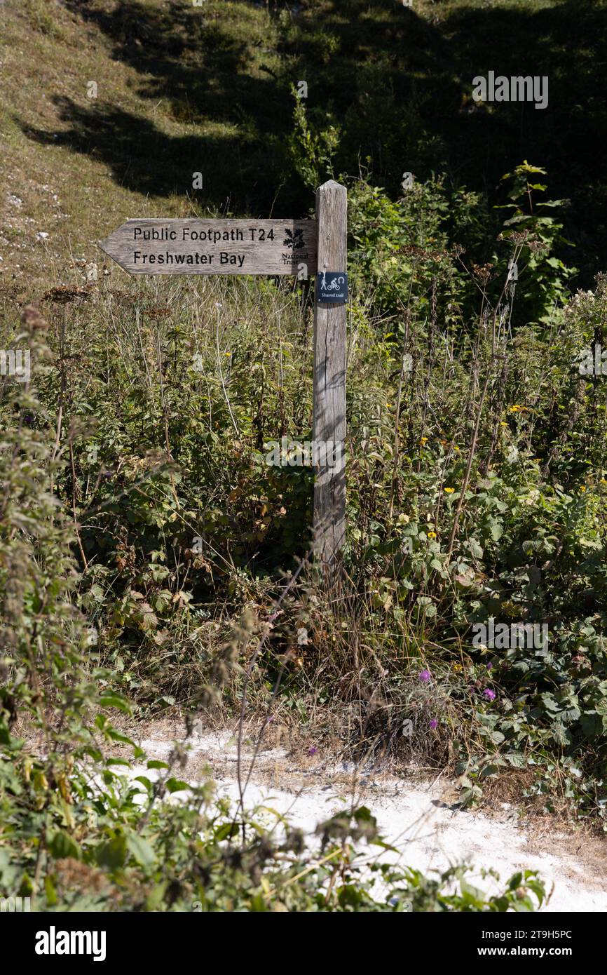 Public footpath sign on the T24 coastal path to Freshwater on the Isle ...