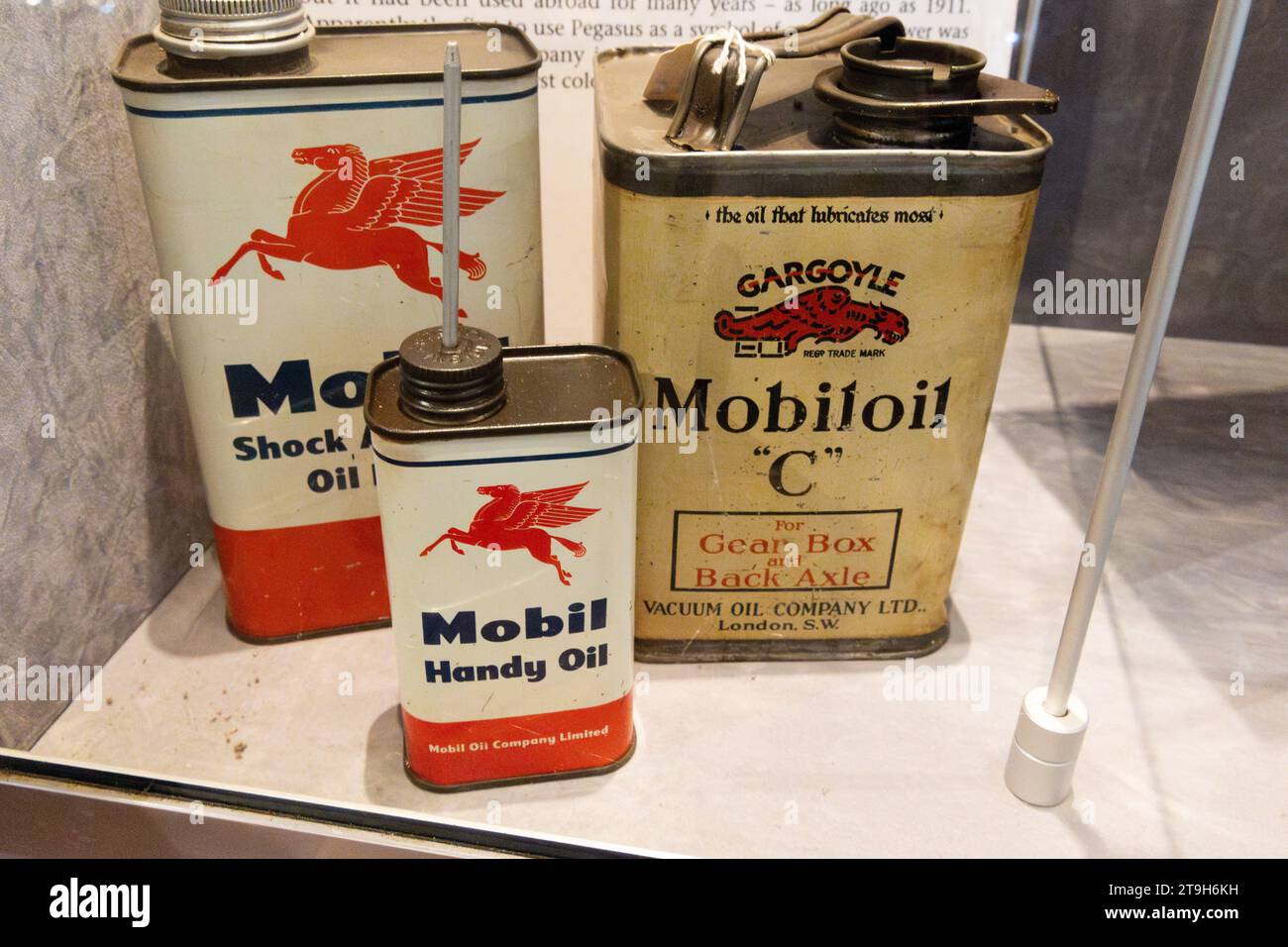 Mobil Oil lubricant cans on display at Brooklands museum, Weybridge ...