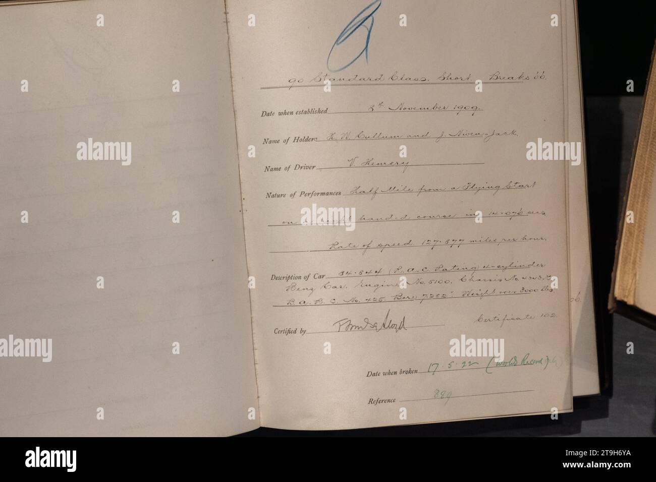Ledger showing Victor Hemery's world land speed record set in 1909 at ...