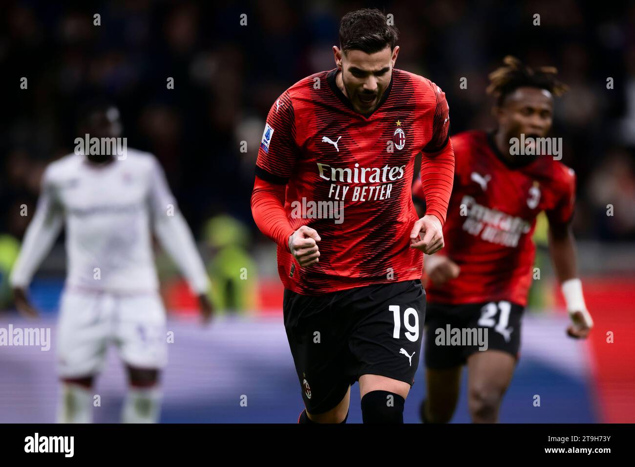 Milan, Italy. 25 November 2023. Theo Hernandez of AC Milan celebrates ...