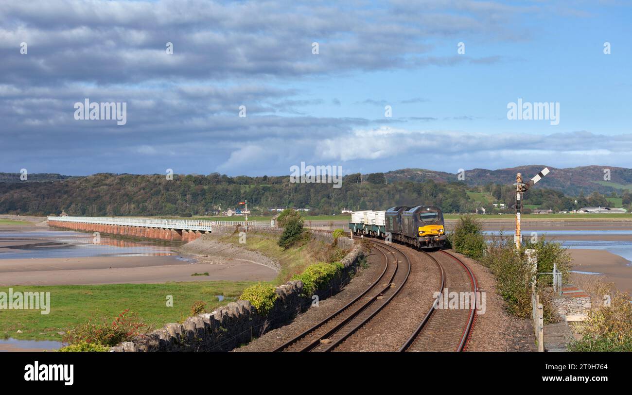 2 Direct Rail Services Class 68 locomotives run off Arnside viaduct ...