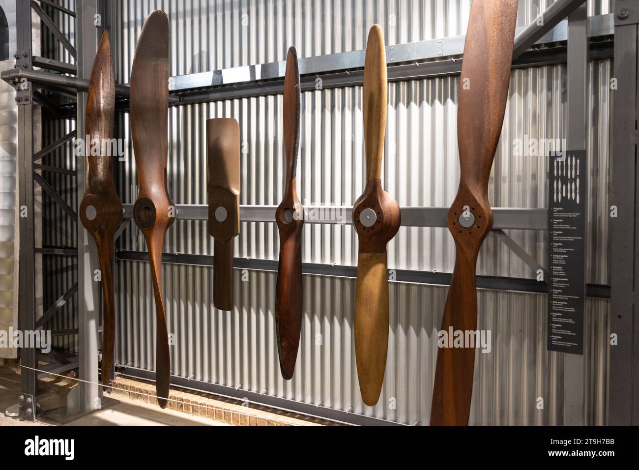 Vintage aircraft wooden twin blade propellors at Brooklands museum ...