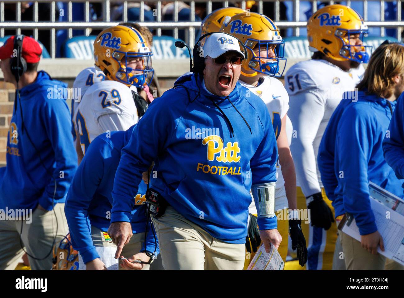 Pittsburgh head coach Pat Narduzzi shouts at an official during the second half of an NCAA ...