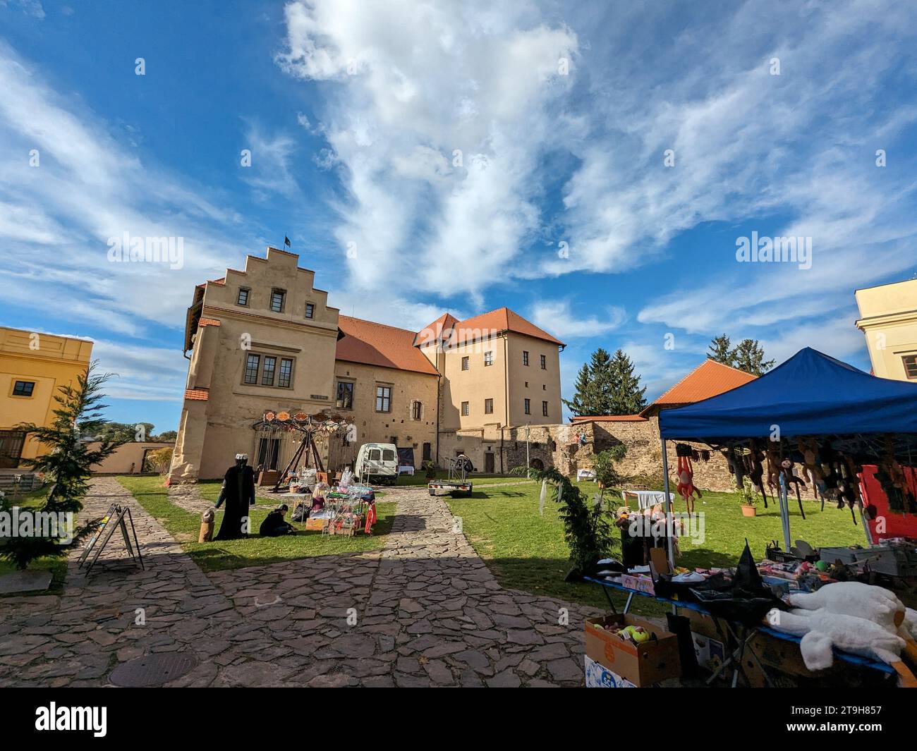 Polna historical city center of Bohemian town with square,column and ...