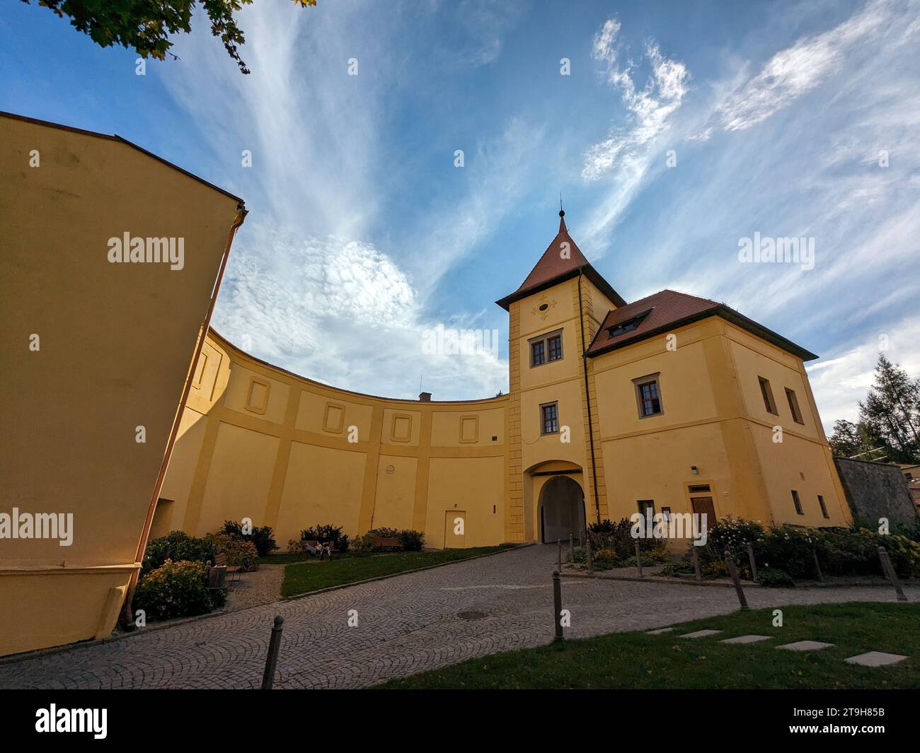 Polna historical city center of Bohemian town with square,column and ...