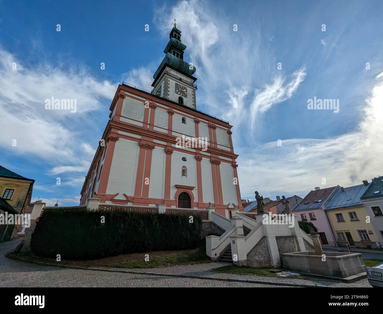 Polna historical city center of Bohemian town with square,column and ...