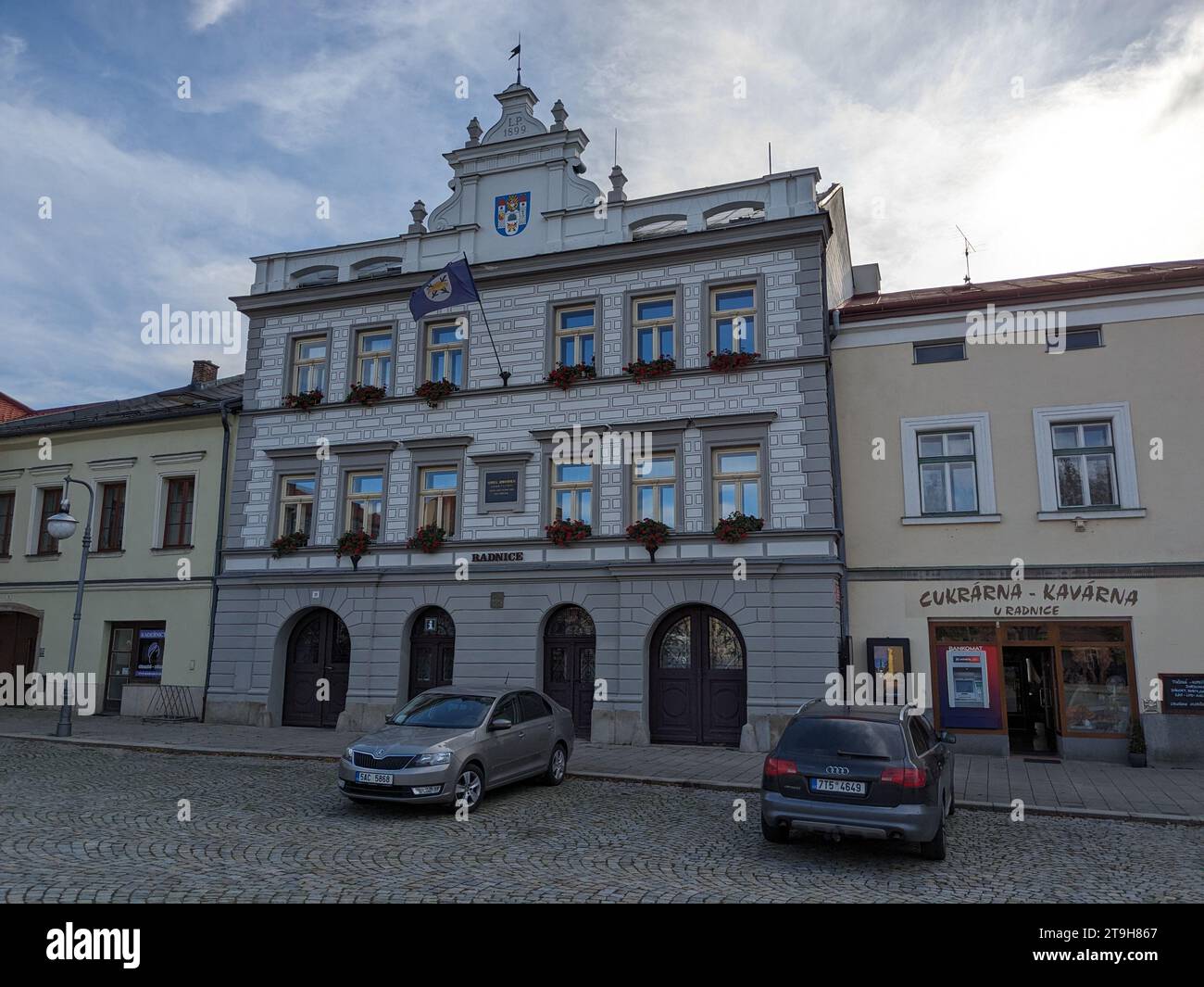Polna historical city center of Bohemian town with square,column and ...