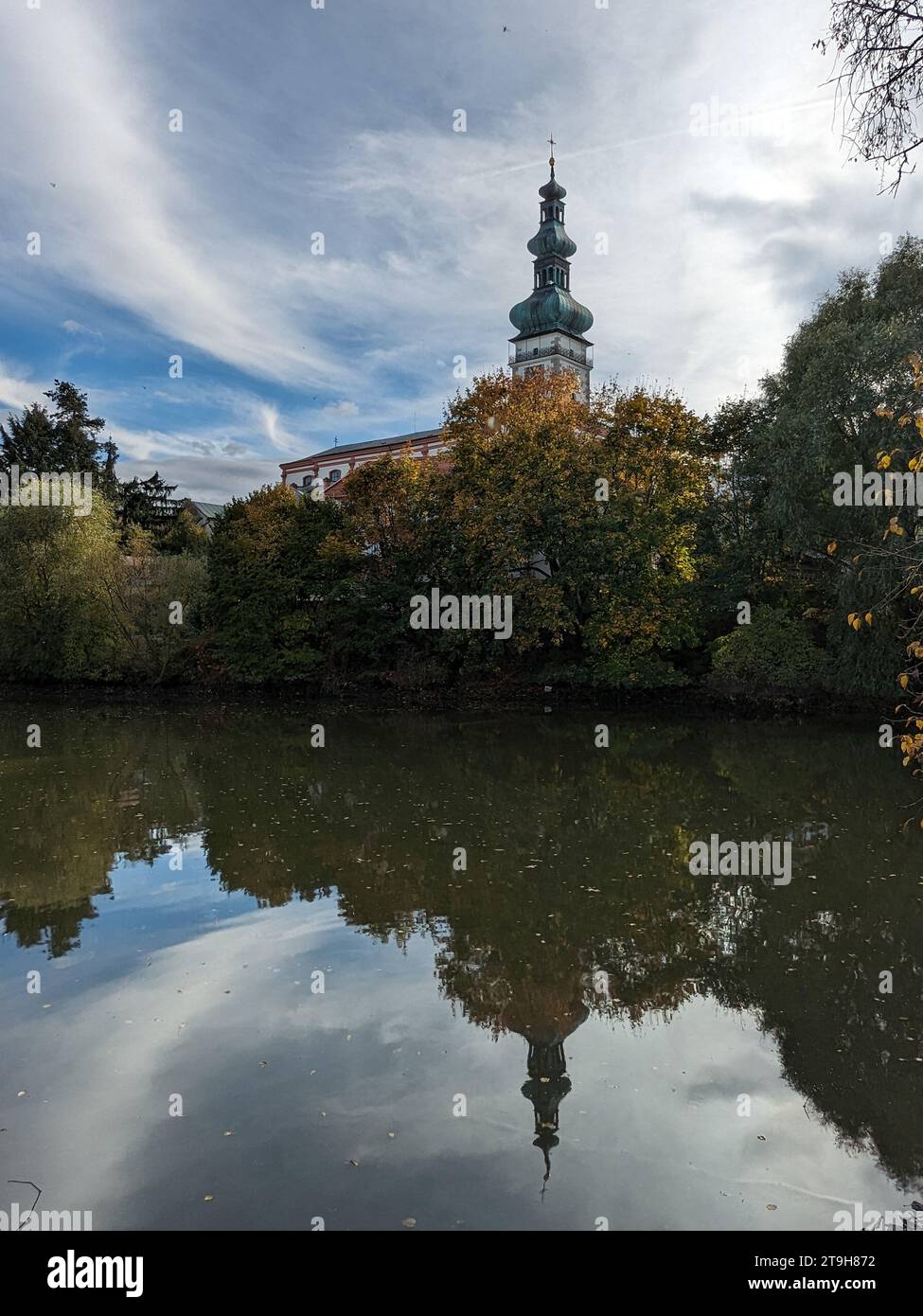 Polna historical city center of Bohemian town with square,column and ...