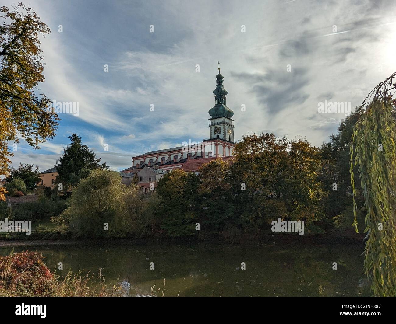 Polna historical city center of Bohemian town with square,column and ...