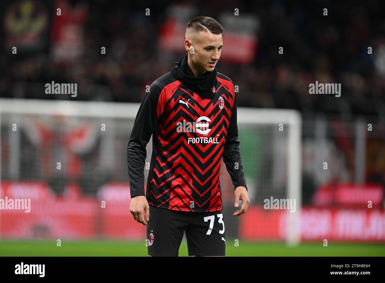 Francesco Camarda of AC Milan warms up prior to the Italian Serie A football match between AC ...