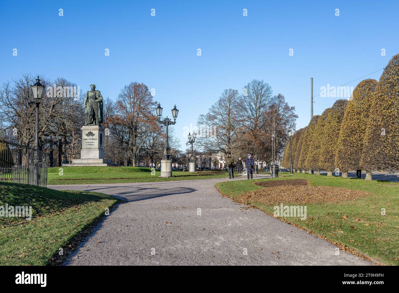 Carl Johans park with the statue of king Karl XIV Johan during November ...