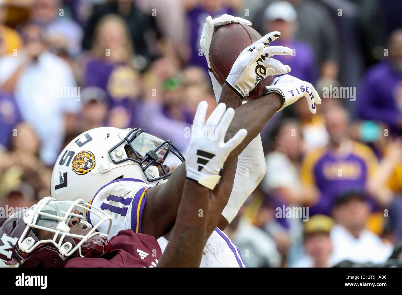 November 25, 2023: LSU wide receiver Brian Thomas Jr. (11) comes down ...