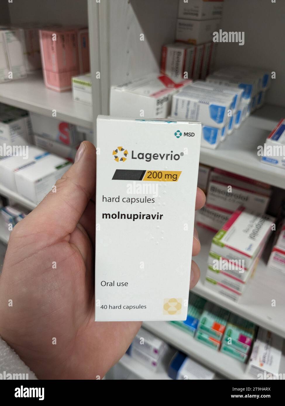 Prague,Czech republic- October 18 2023:LAGEVRIO MSD hard capsules with ...