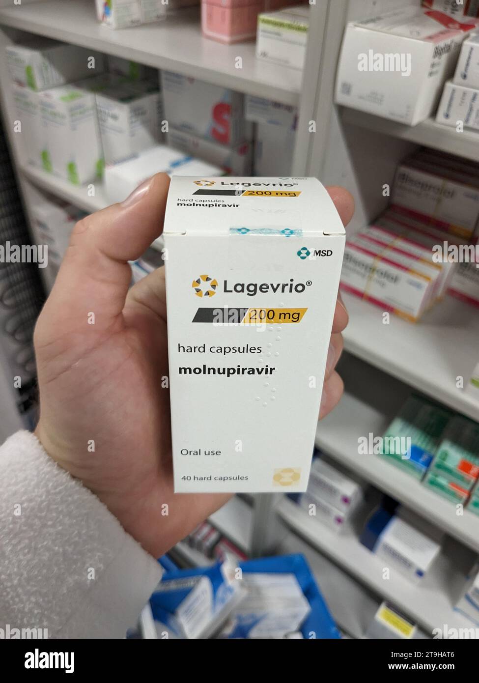 Prague,Czech republic- October 18 2023:LAGEVRIO MSD hard capsules with ...