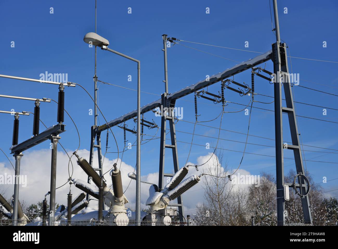 Electricity system of the city on the outskirts, high voltage lines ...