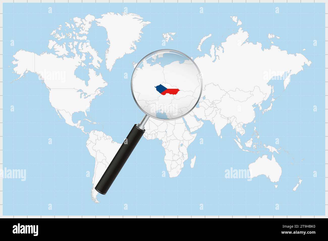 Magnifying glass showing a map of Czech Republic on a world map. Czech Republic flag and map ...