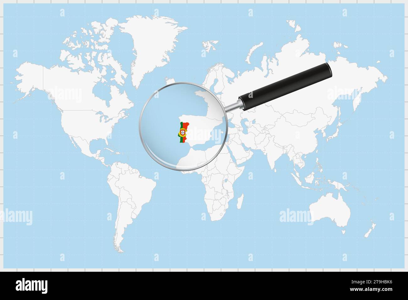 Magnifying glass showing a map of Portugal on a world map. Portugal flag and map enlarge in lens ...
