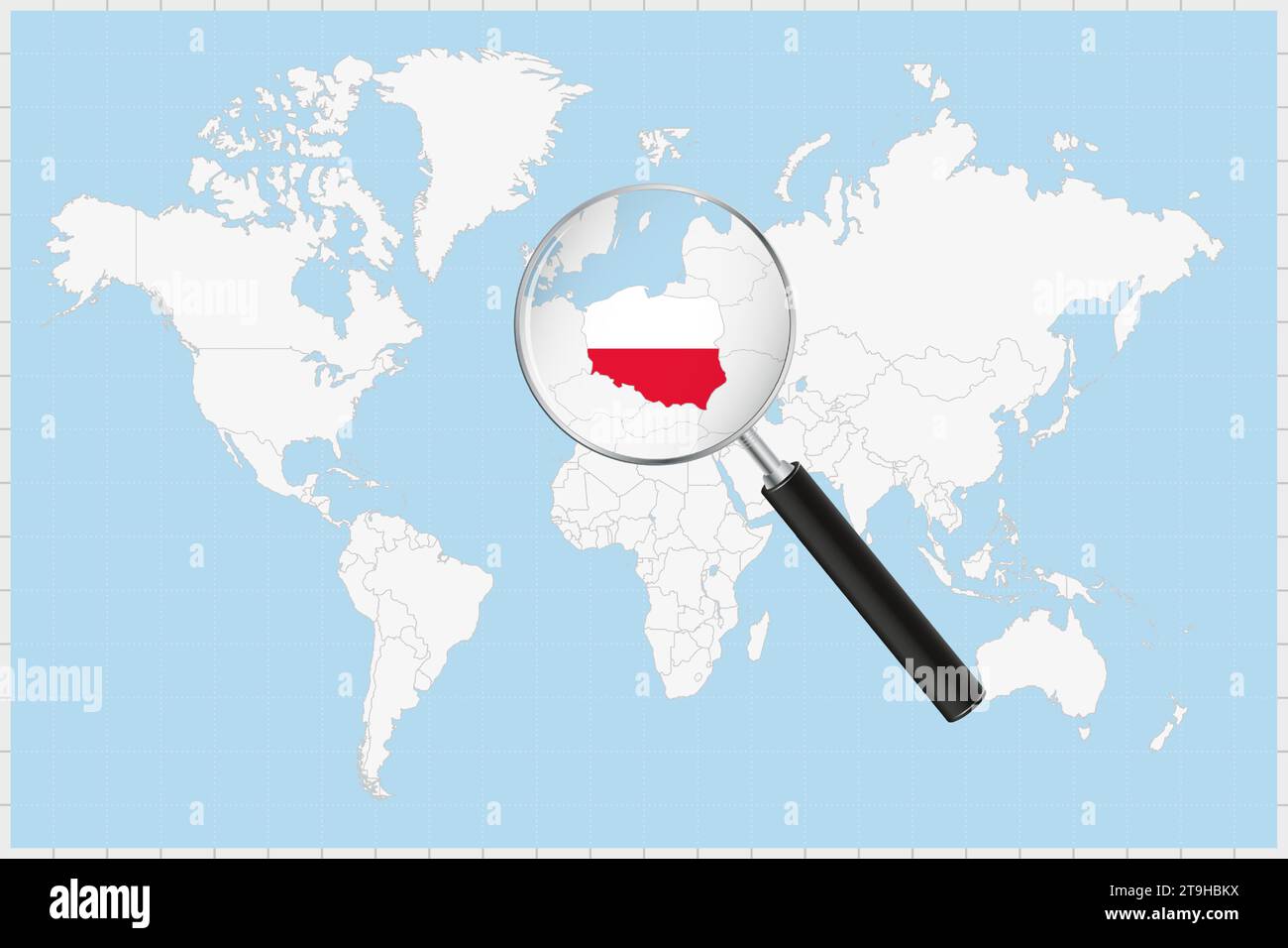 Magnifying glass showing a map of Poland on a world map. Poland flag ...