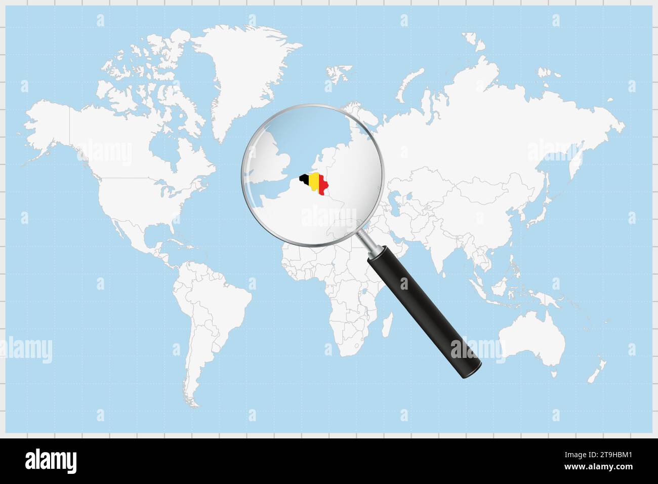 Magnifying glass showing a map of Belgium on a world map. Belgium flag and map enlarge in lens ...