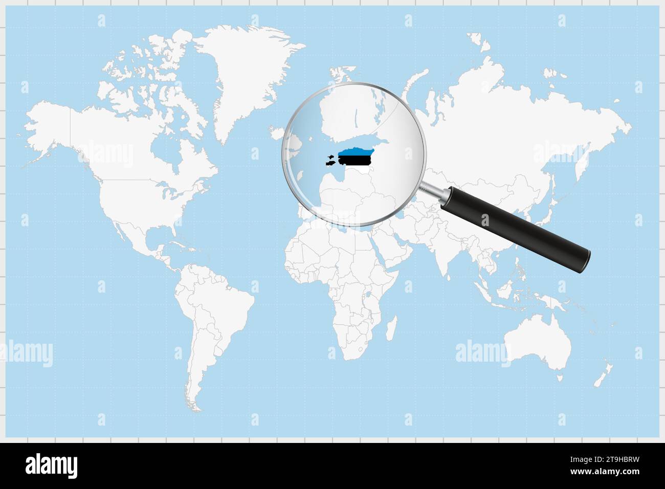 Magnifying glass showing a map of Estonia on a world map. Estonia flag and map enlarge in lens ...