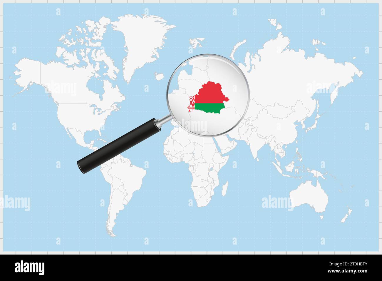 Magnifying glass showing a map of Belarus on a world map. Belarus flag and map enlarge in lens ...