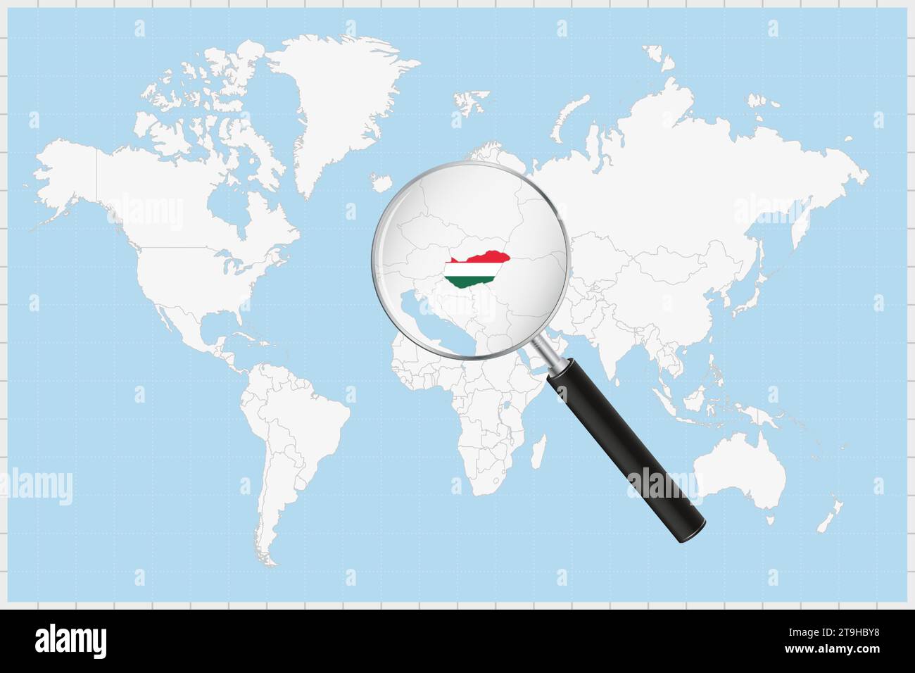 Magnifying glass showing a map of Hungary on a world map. Hungary flag and map enlarge in lens ...