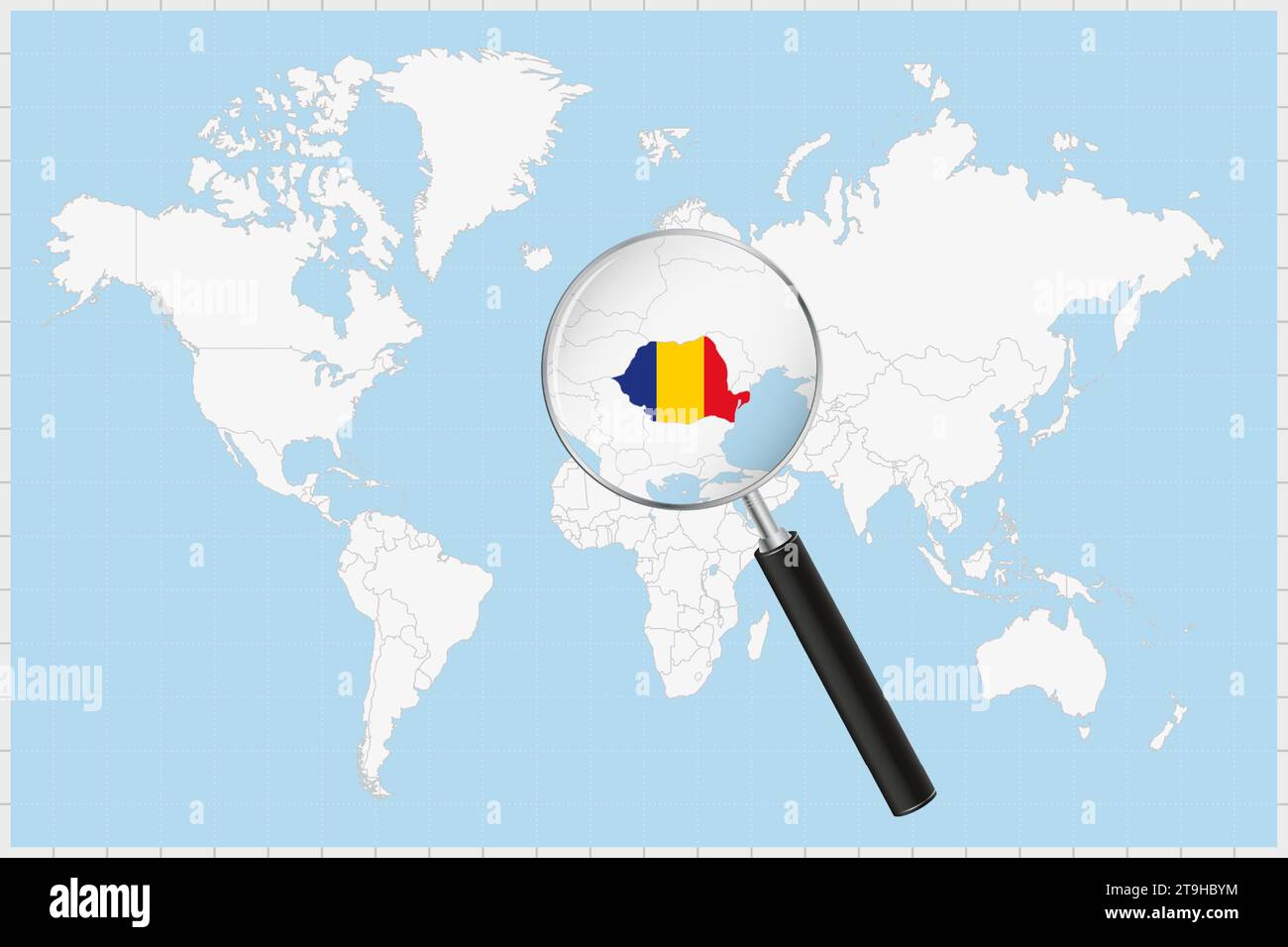 Magnifying glass showing a map of Romania on a world map. Romania flag and map enlarge in lens ...