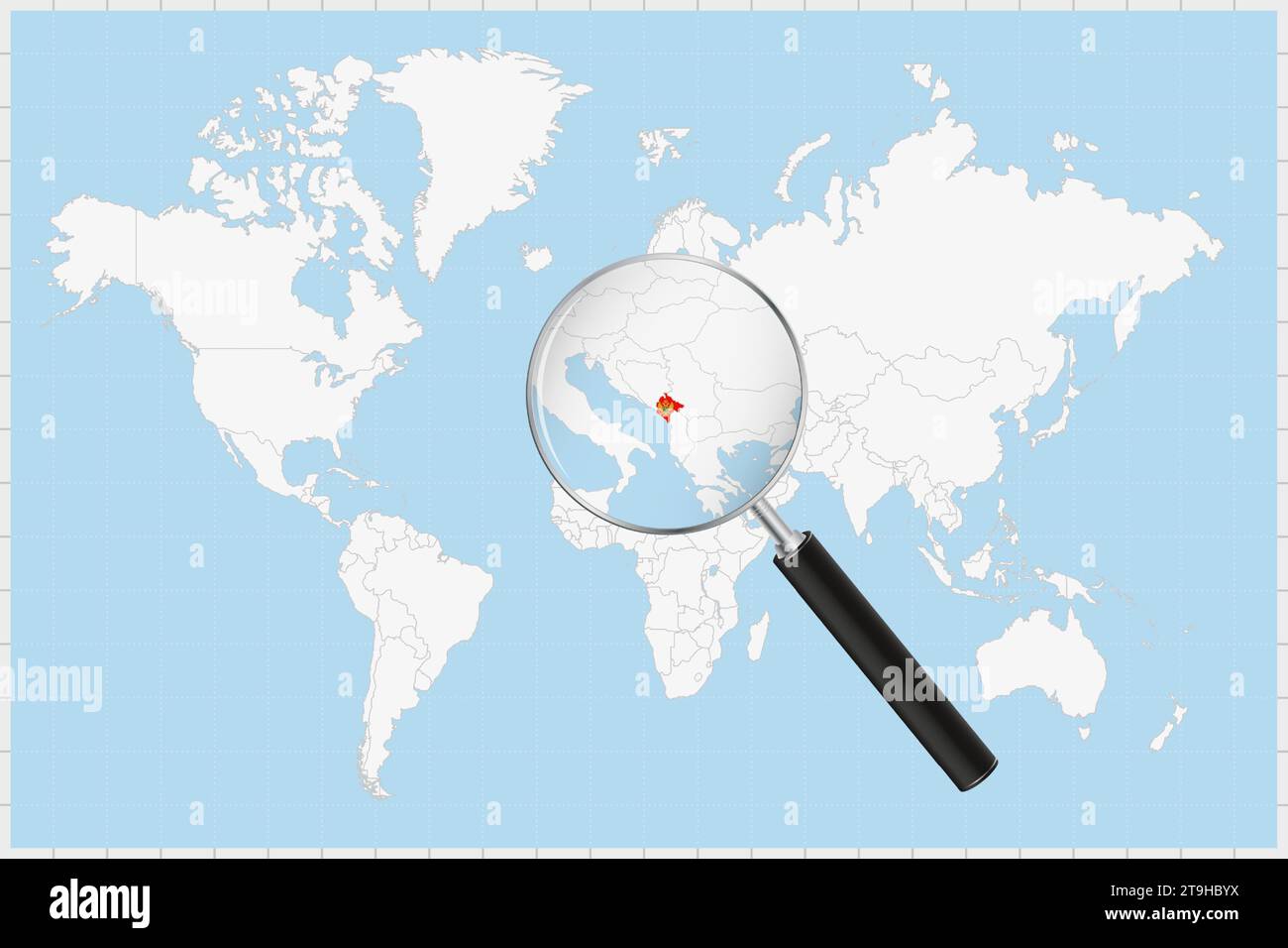 Magnifying glass showing a map of Montenegro on a world map. Montenegro flag and map enlarge in ...