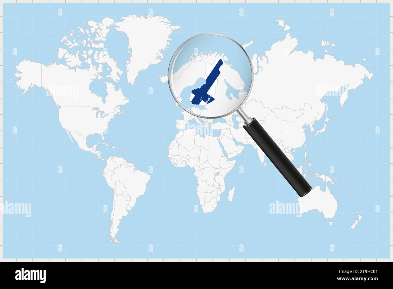 Magnifying glass showing a map of Finland on a world map. Finland flag and map enlarge in lens ...