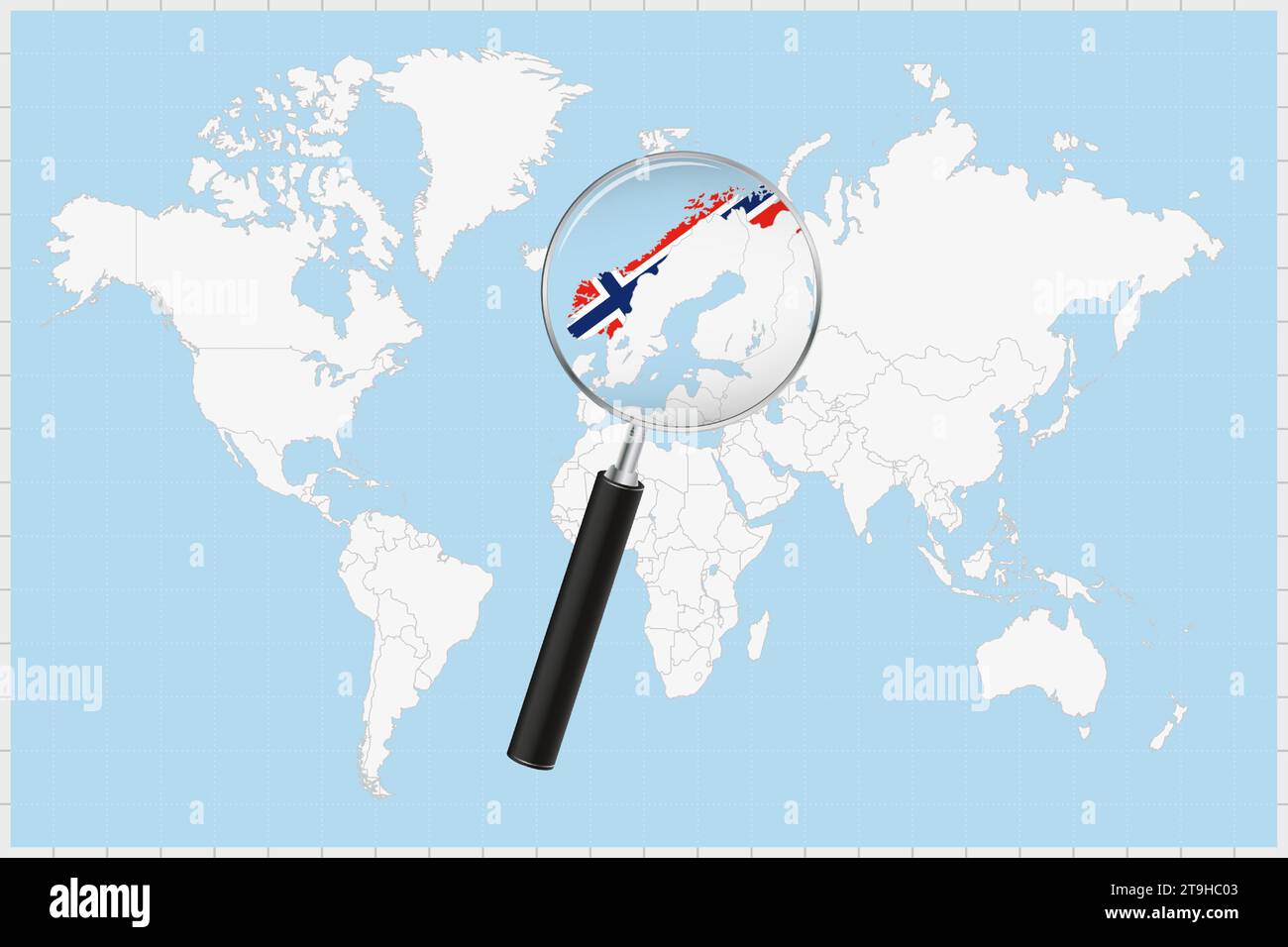 Magnifying glass showing a map of Norway on a world map. Norway flag and map enlarge in lens ...
