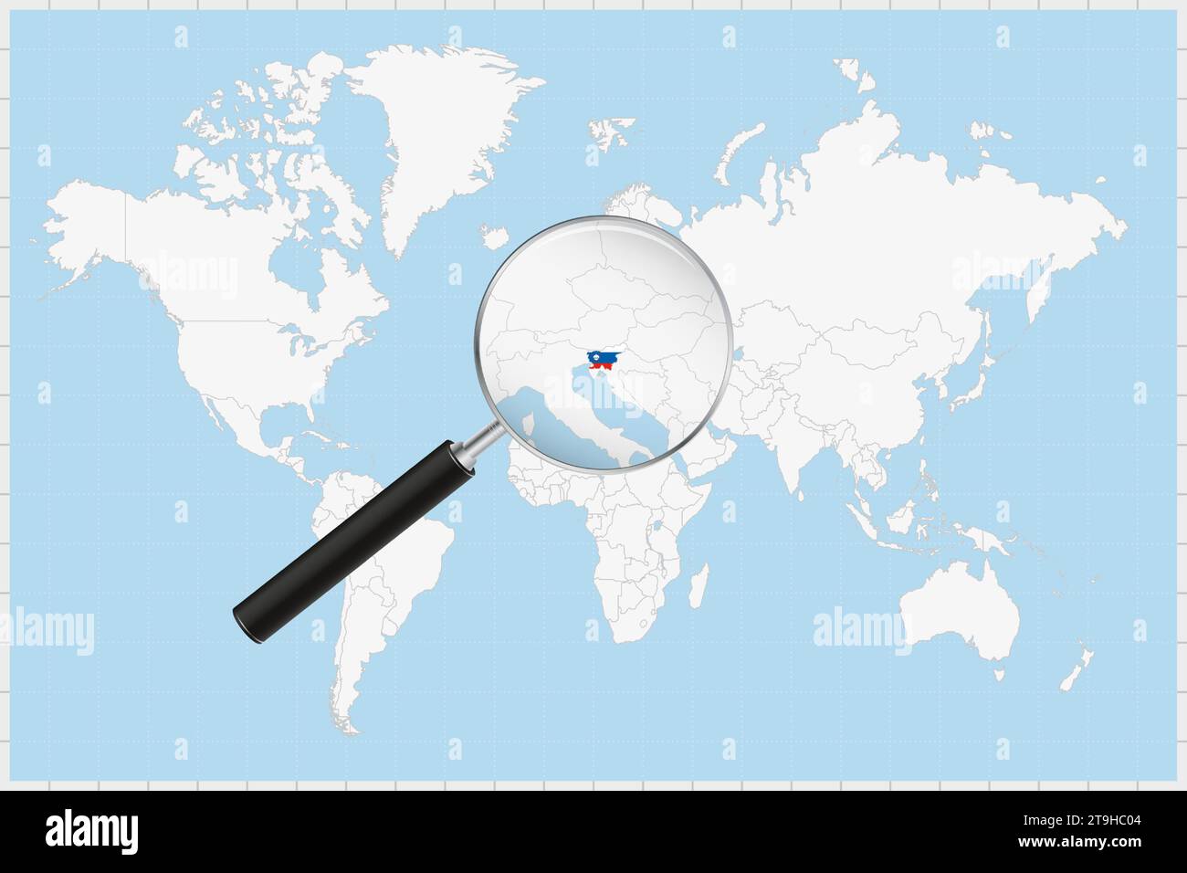 Magnifying glass showing a map of Slovenia on a world map. Slovenia flag and map enlarge in lens ...