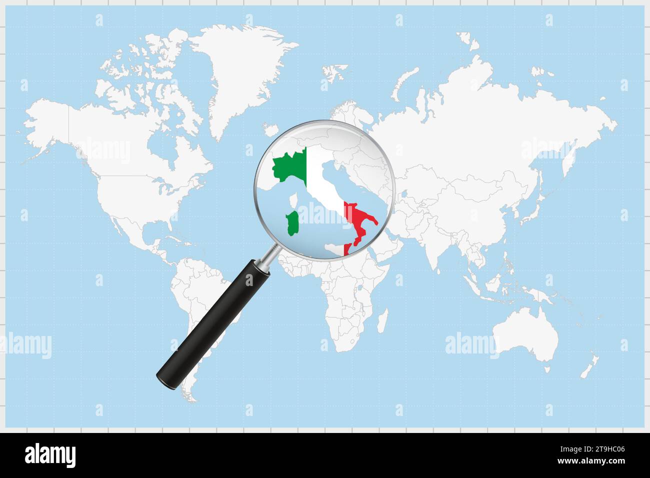 Magnifying glass showing a map of Italy on a world map. Italy flag and ...