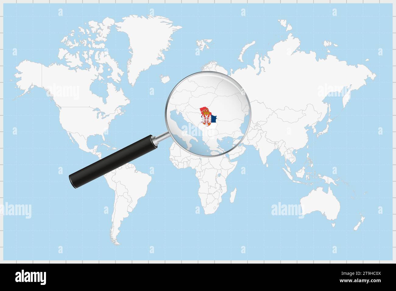 Magnifying glass showing a map of Serbia on a world map. Serbia flag and map enlarge in lens ...