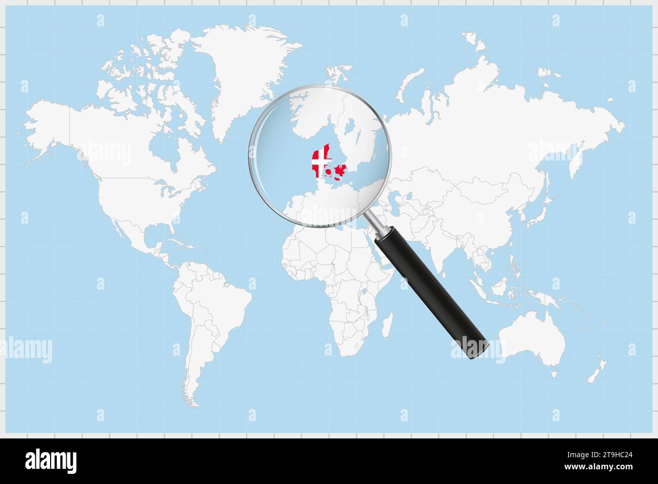 Magnifying glass showing a map of Denmark on a world map. Denmark flag and map enlarge in lens ...