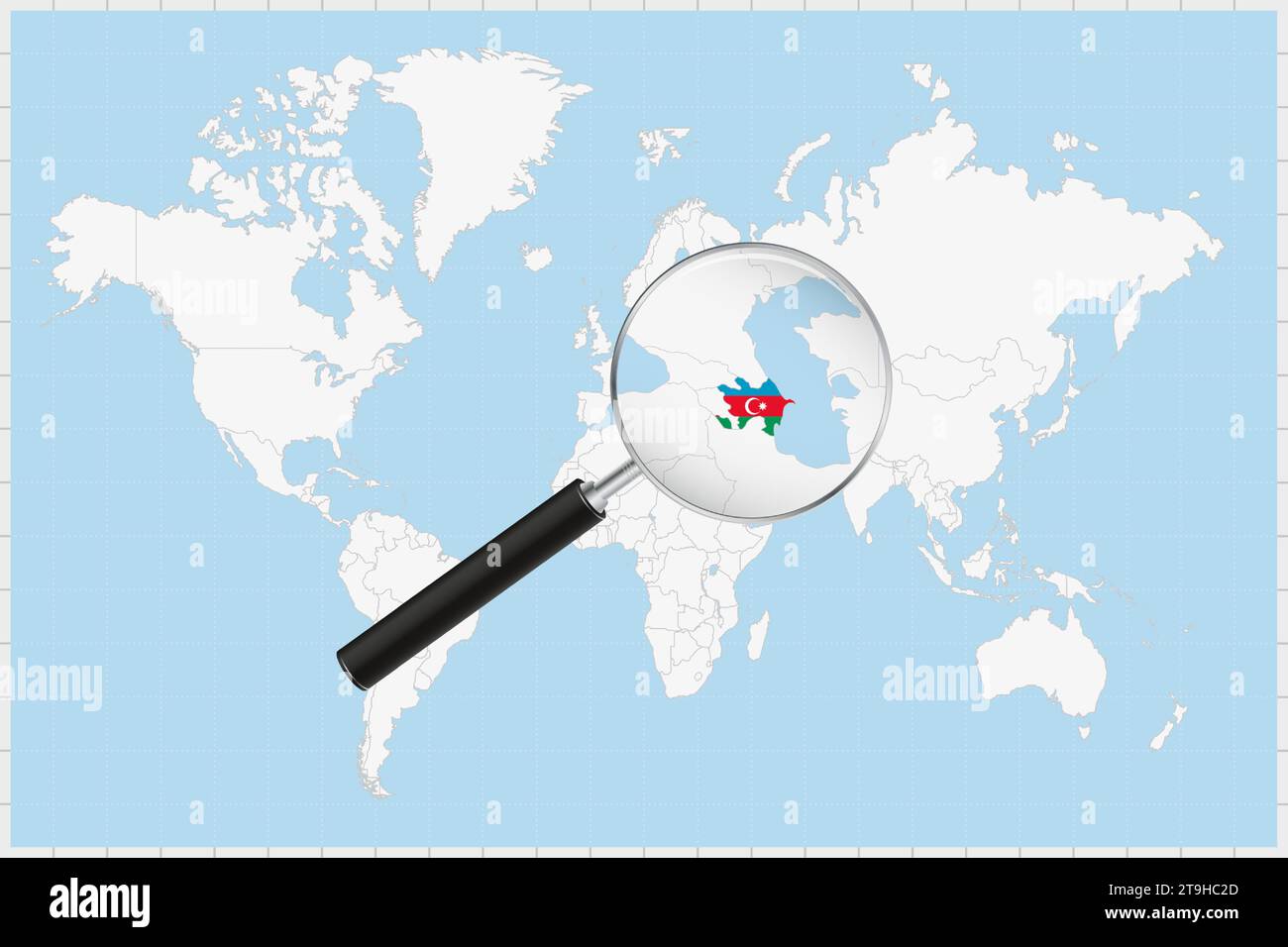 Magnifying glass showing a map of Azerbaijan on a world map. Azerbaijan flag and map enlarge in ...