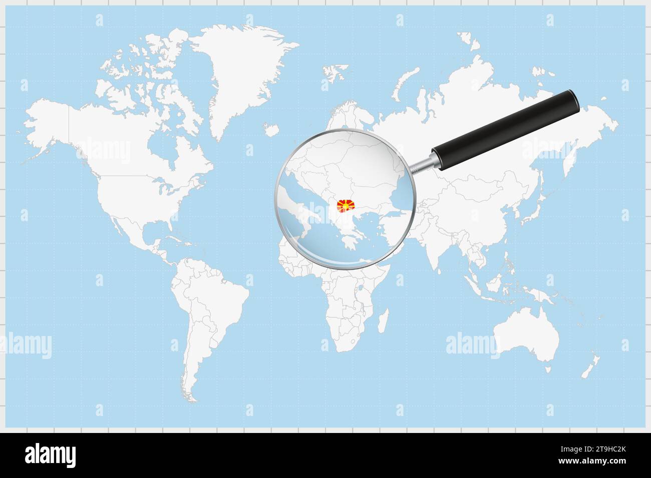 Magnifying glass showing a map of North Macedonia on a world map. North ...