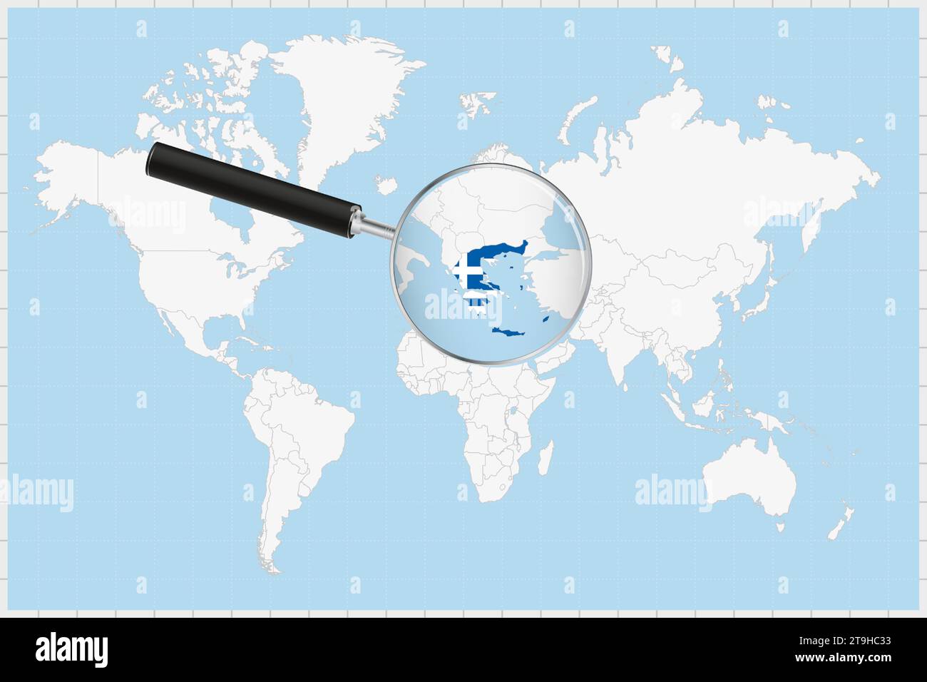 Magnifying glass showing a map of Greece on a world map. Greece flag and map enlarge in lens ...