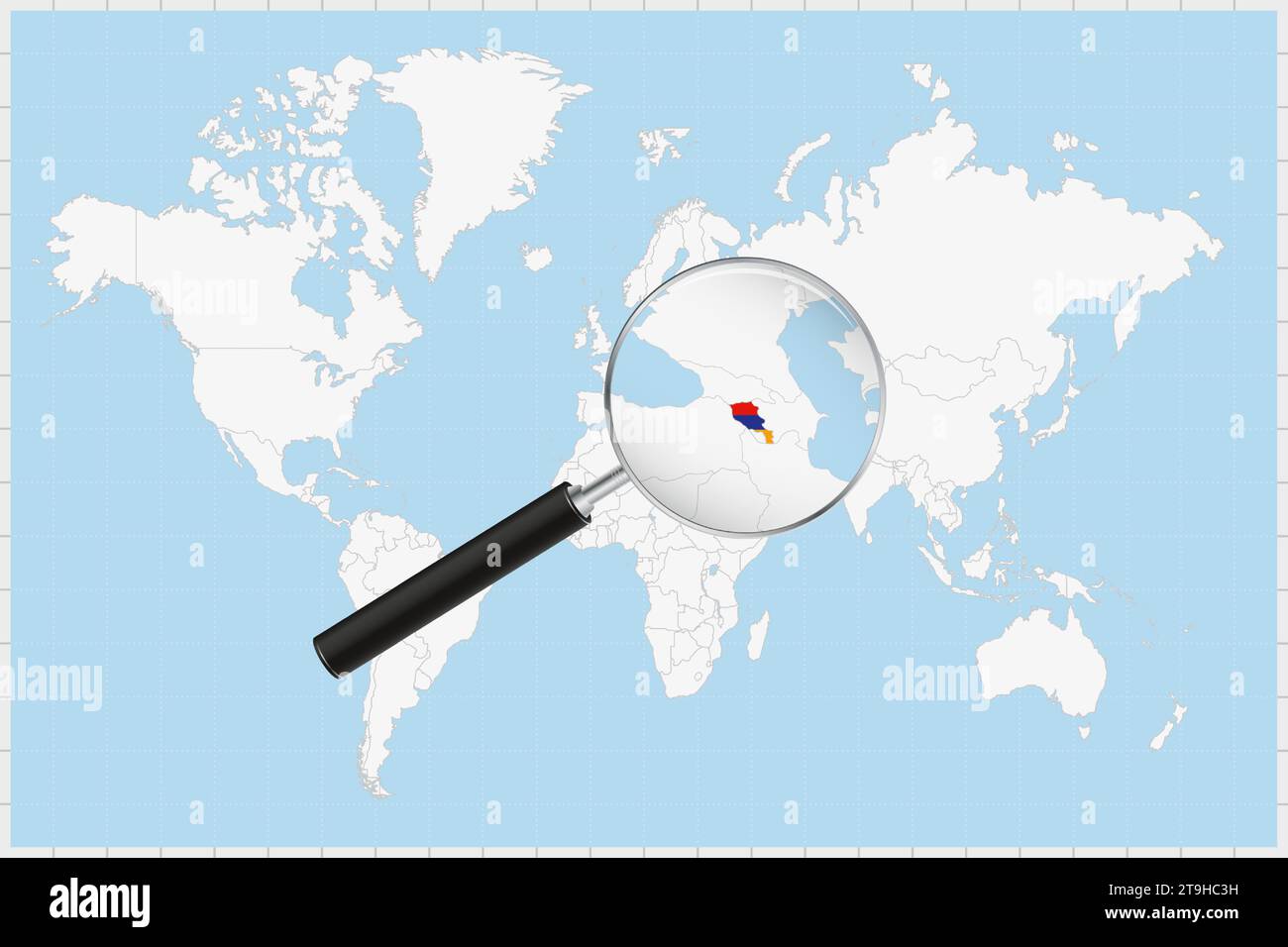 Magnifying glass showing a map of Armenia on a world map. Armenia flag and map enlarge in lens ...
