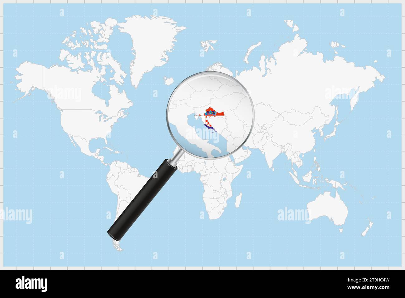 Magnifying glass showing a map of Croatia on a world map. Croatia flag and map enlarge in lens ...