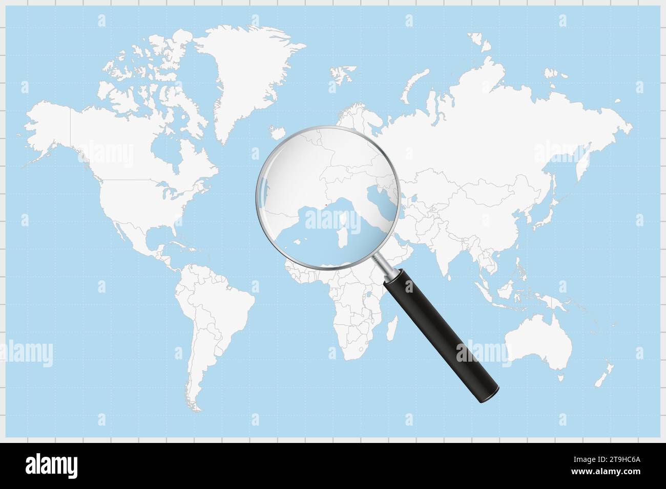 Magnifying glass showing a map of Monaco on a world map. Monaco flag and map enlarge in lens ...