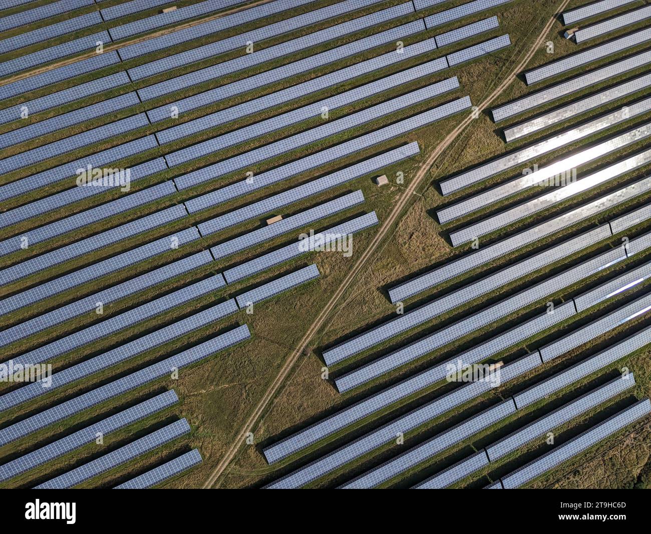 Aerial photo of solar power plant. Many solar energy panels in ...